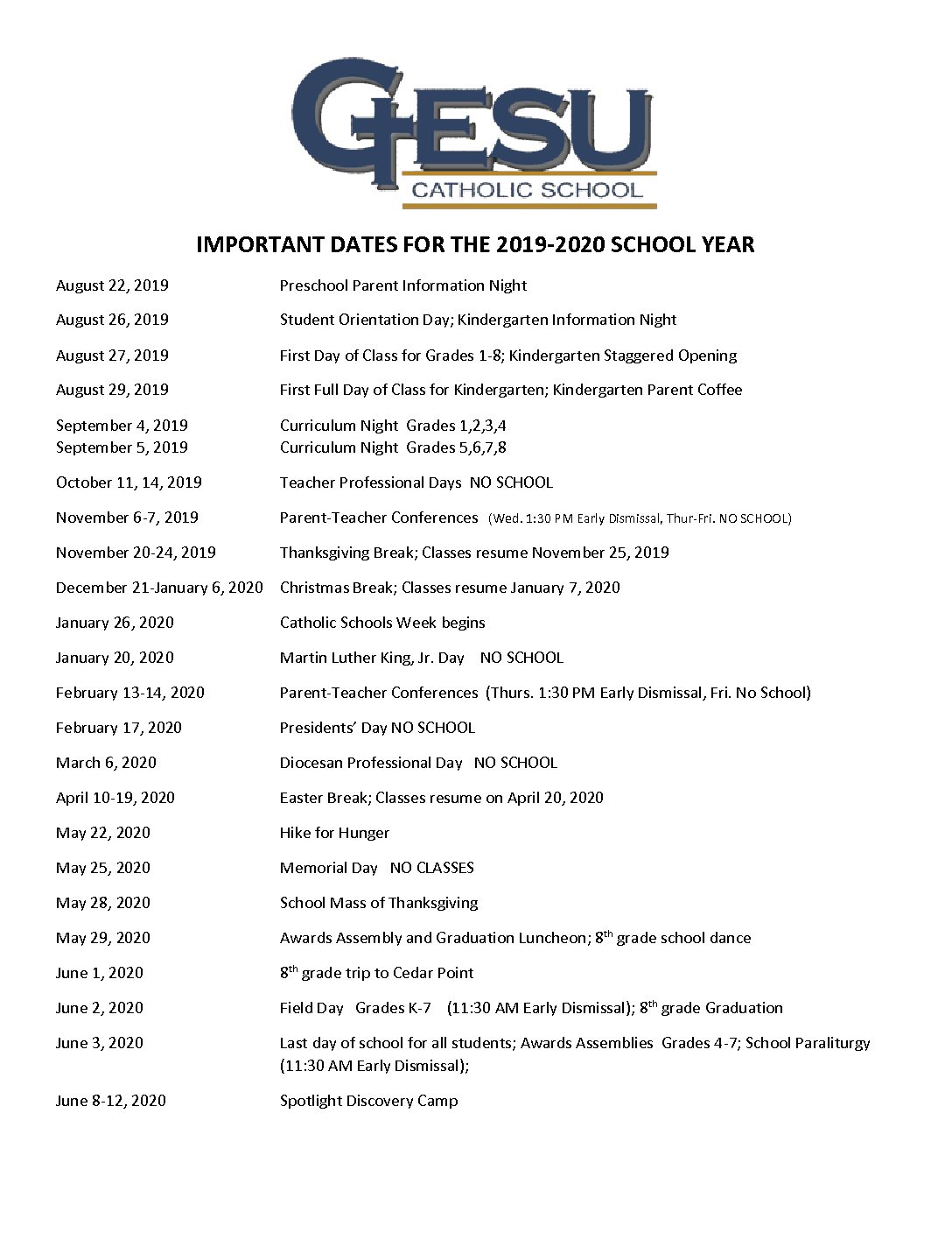 spring break 2020 catholic schools